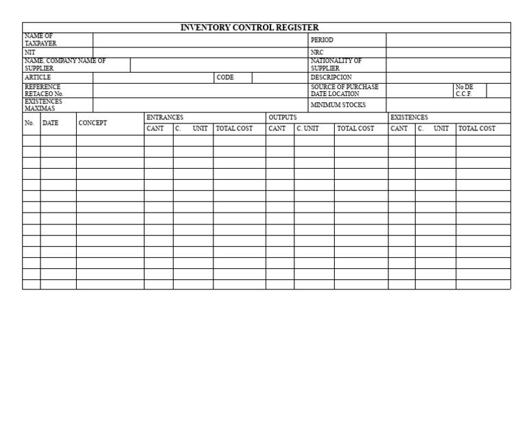 Inventory Control Register Template | PDF