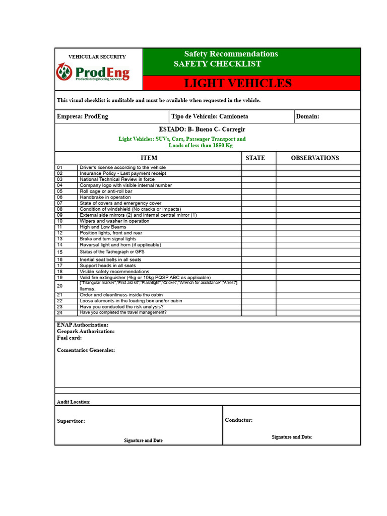 Light Fleet Checklist Format | PDF
