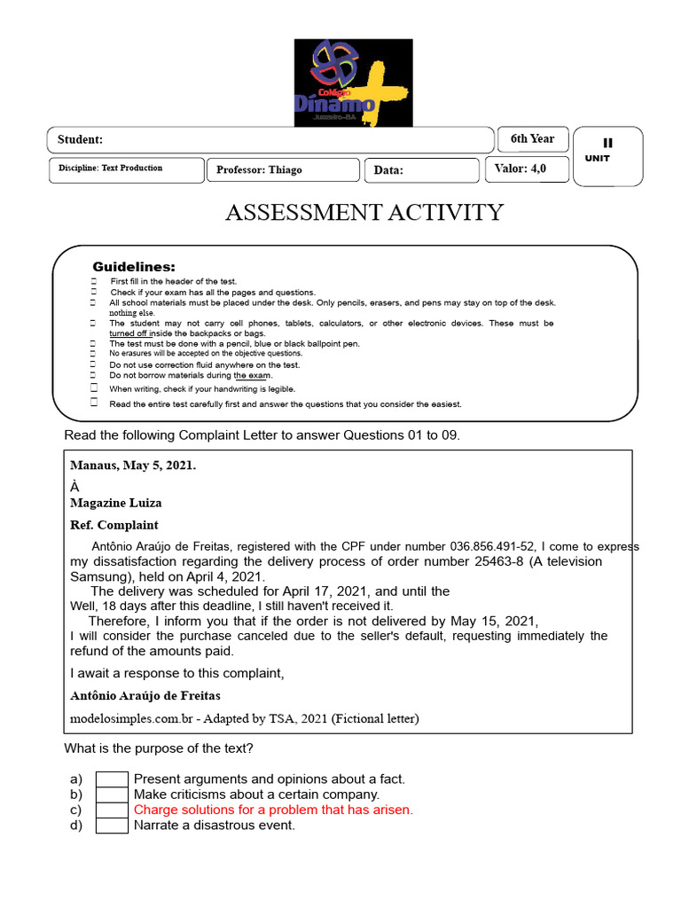 Text Production Assessment 6th Grade | PDF