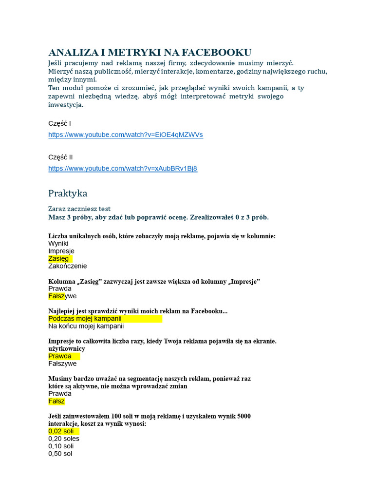 Moduł 2 Analiza I Metryki Na Facebooku | PDF