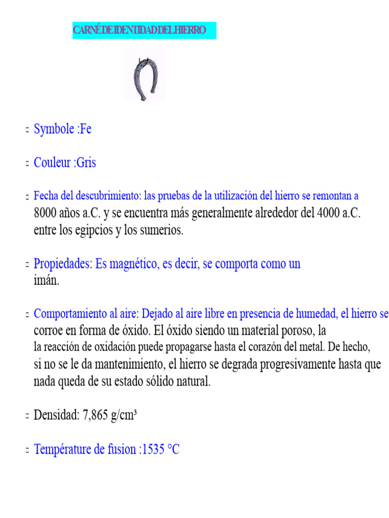 Symbole:Fe Couleur:Gris: Carné de Identidad Del Hierro | PDF | Hierro ...