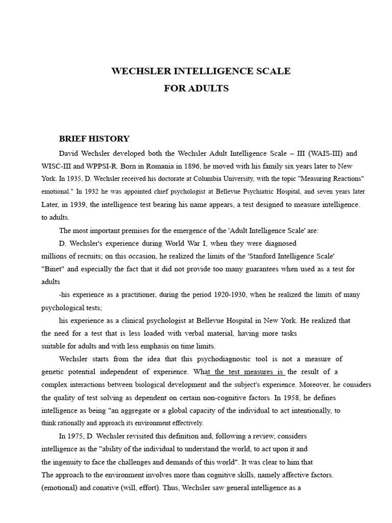 Wechsler Adult Intelligence Scale Overview | PDF | Wechsler Adult ...