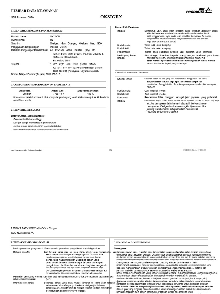 Silinder Oksigen MSDS Umum Industri | PDF