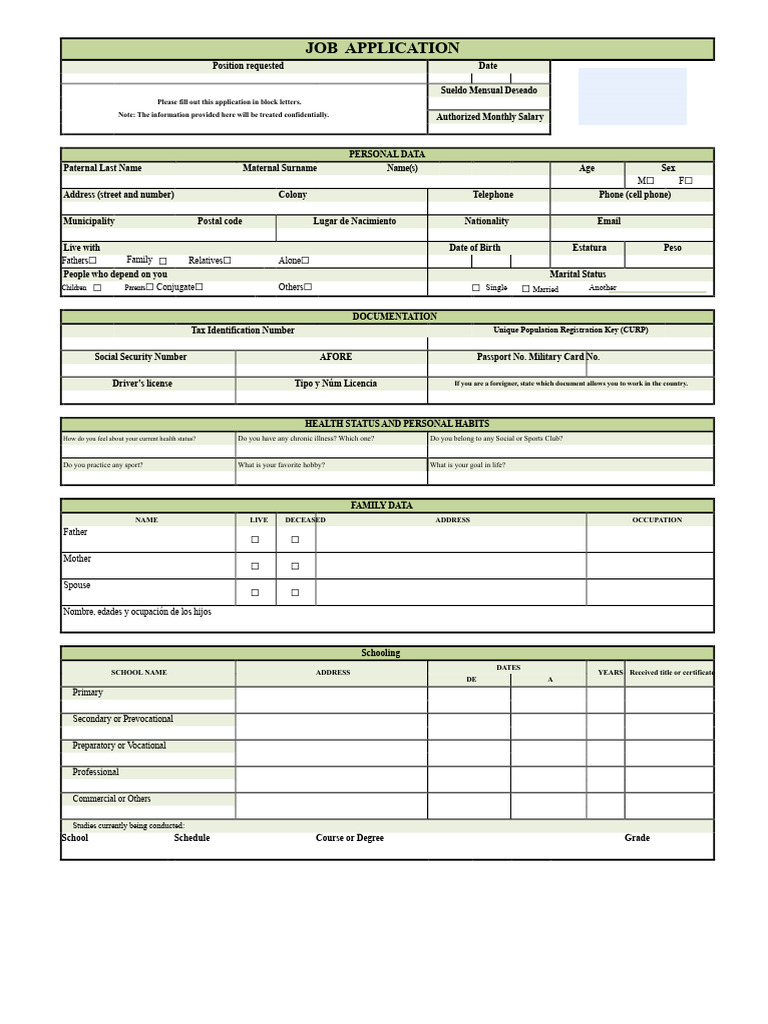 Blank Job Application Form Word | PDF