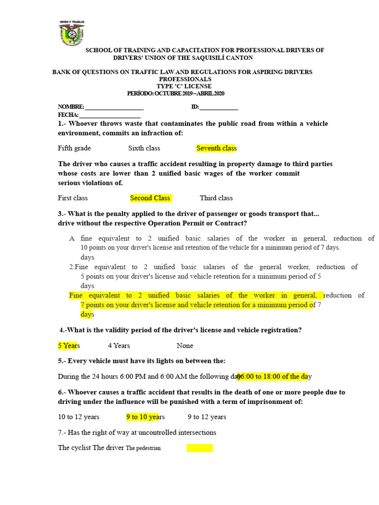 Traffic Law Questionnaire 2020 | PDF | Driver's License | Traffic