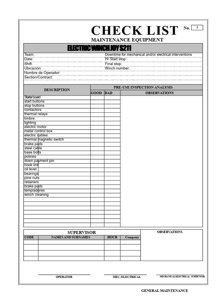 Conventional Equipment Check List | PDF | Brake | Bearing (Mechanical)
