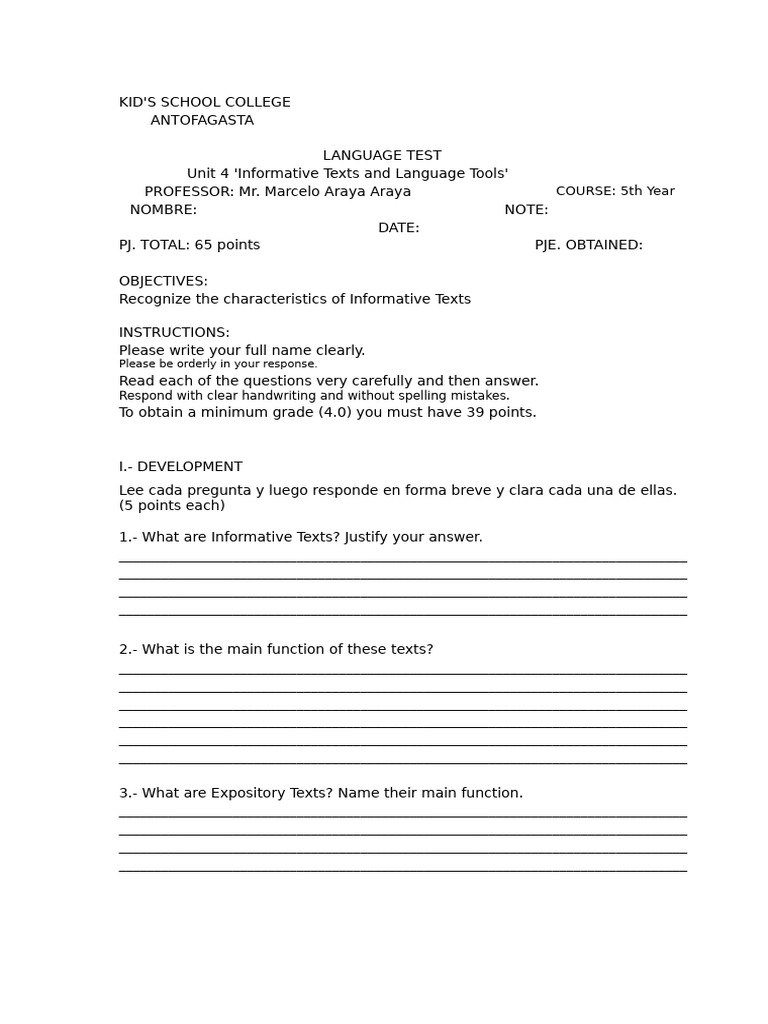 Test Language 5th Grade Informative Texts | PDF | Human Communication