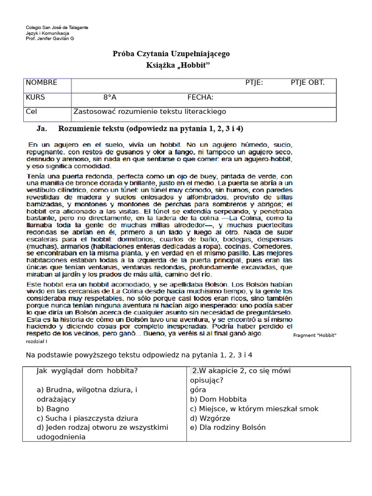 Test Czytania Uzupełniającego Hobbit | PDF