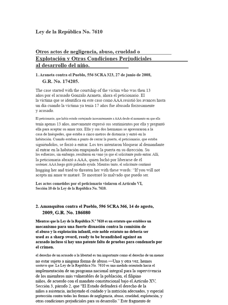 Ley de la República No. 7610 - Ley de Abuso Infantil | PDF | Violación | Prostitución