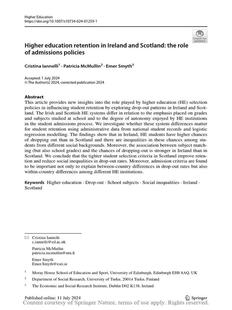 Higher Education Retention in Ireland and Scotland - The Role of ...