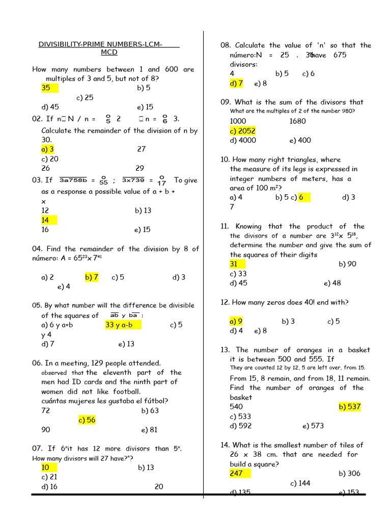 Divisibility and Prime Numbers Exercises | PDF | Mathematics ...