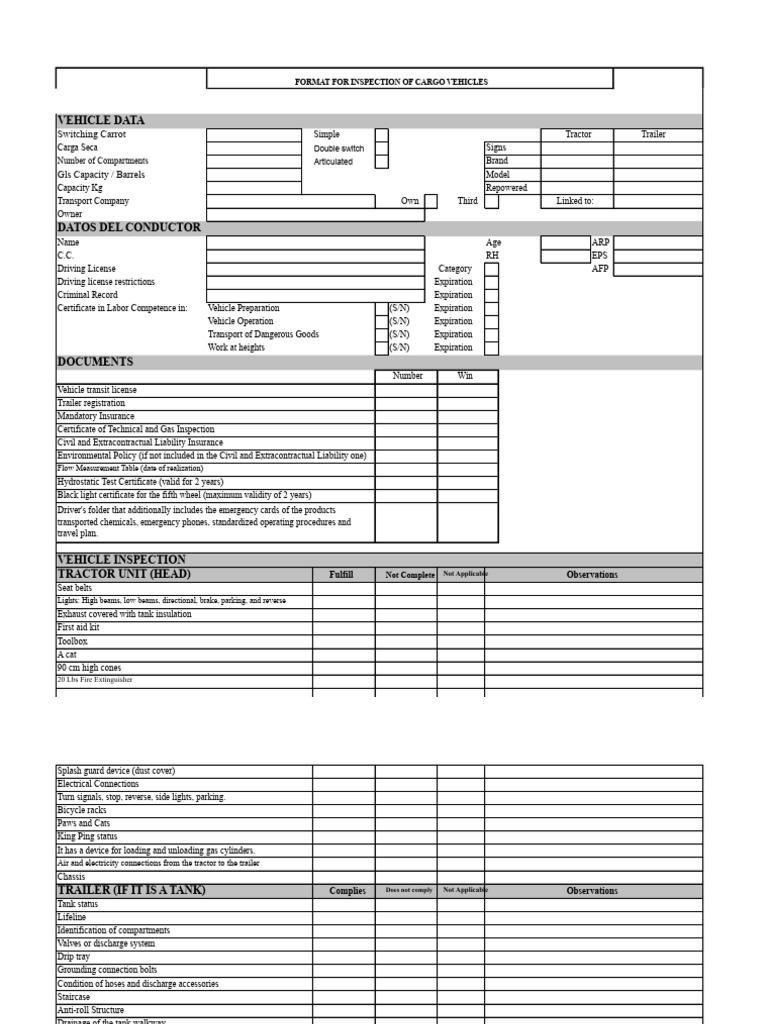 Cargo Vehicle Inspection Checklist | PDF | Driver's License | Vehicles