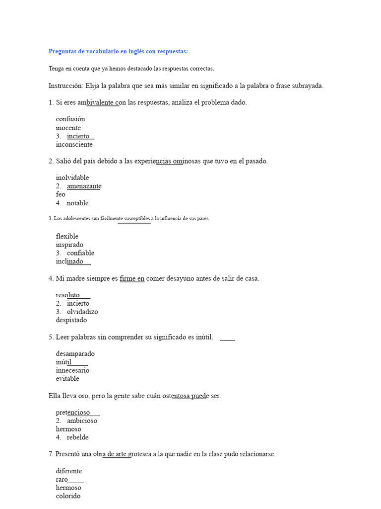 Preguntas de vocabulario en inglés con respuestas | PDF