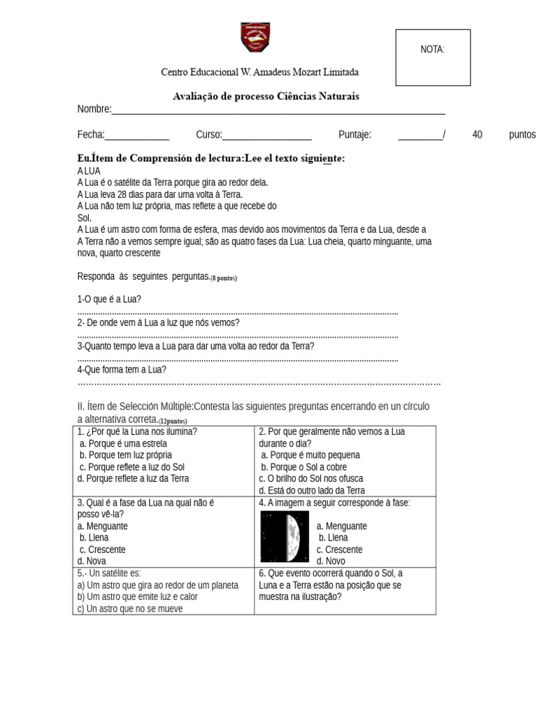 avaliação das fases da lua | PDF | Lua | Terra