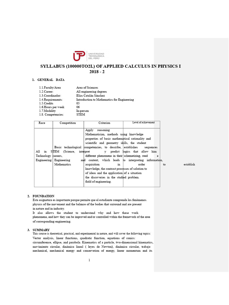 NEW SYLLABUS Applied Calculus To Physics I | PDF | Force | Acceleration