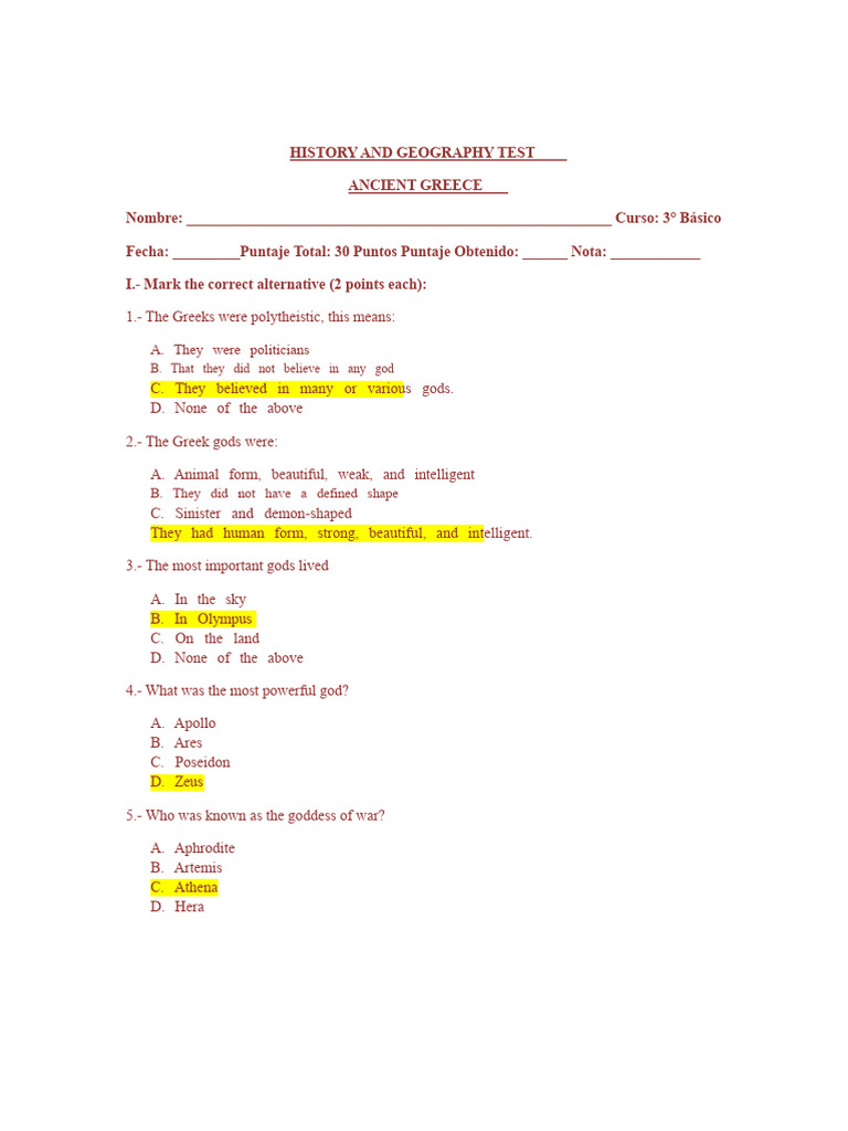 Test Greek Gods History | PDF | Twelve Olympians | Greek Mythology