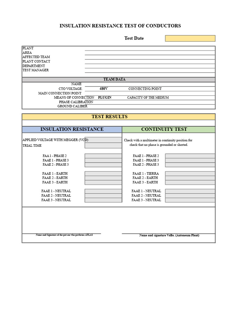 Megger Insulation Resistance Test Format | PDF