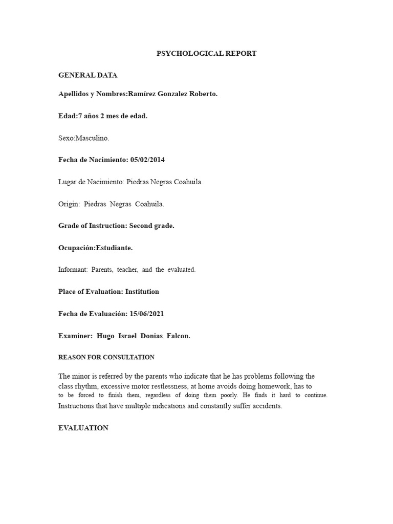 PSYCHOLOGICAL REPORT | PDF | Attention Deficit Hyperactivity Disorder | Impulsivity