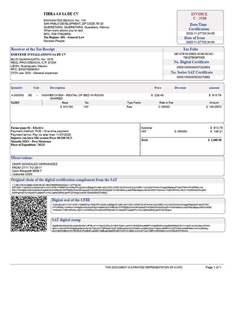 Invoice From Hotel Querétaro Friday | PDF | Invoice | Mexican Peso