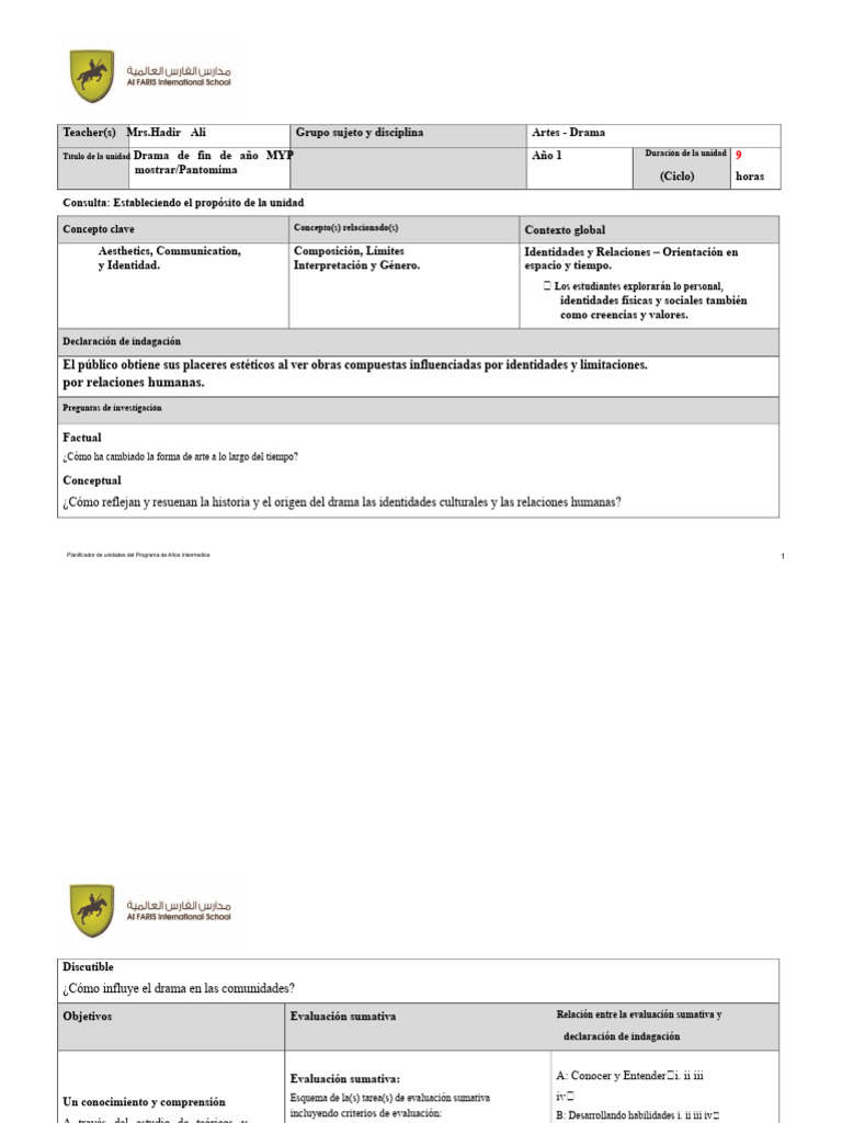 Plan de Unidad MYP - Drama de 1er Año | PDF | Aprendizaje | Teatro