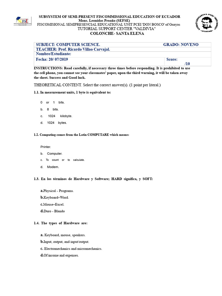 Computer Science Exam 9TH Grade | PDF | Byte | Computing