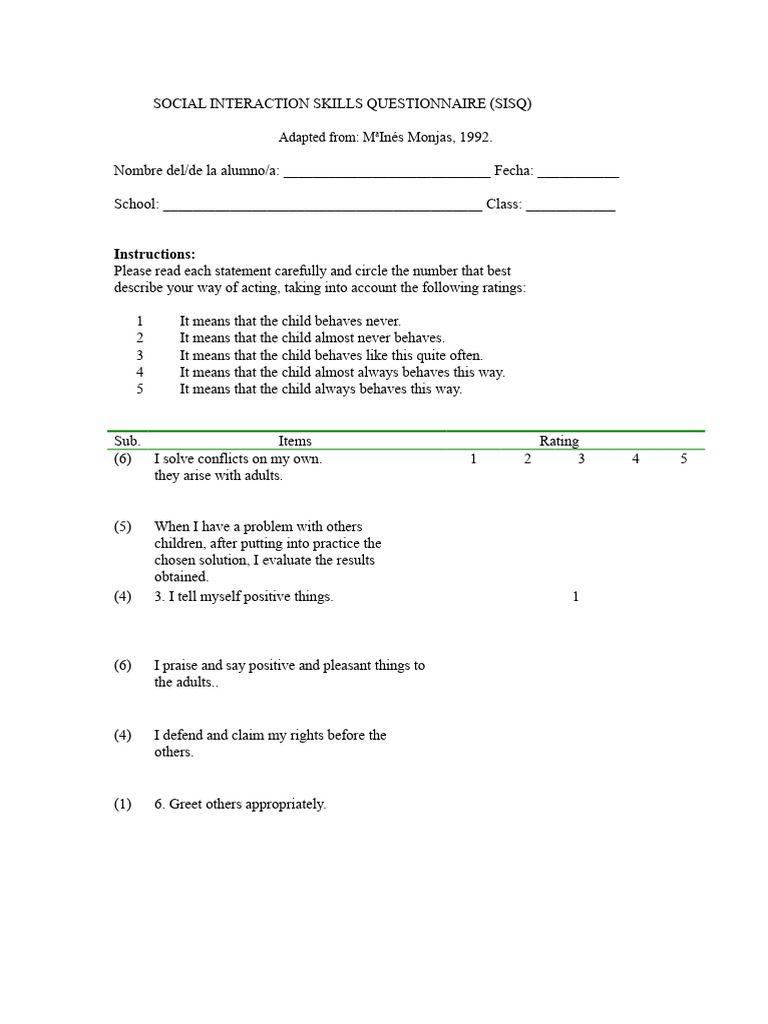 Social Interaction Skills Questionnaire | PDF | Feeling | Questionnaire