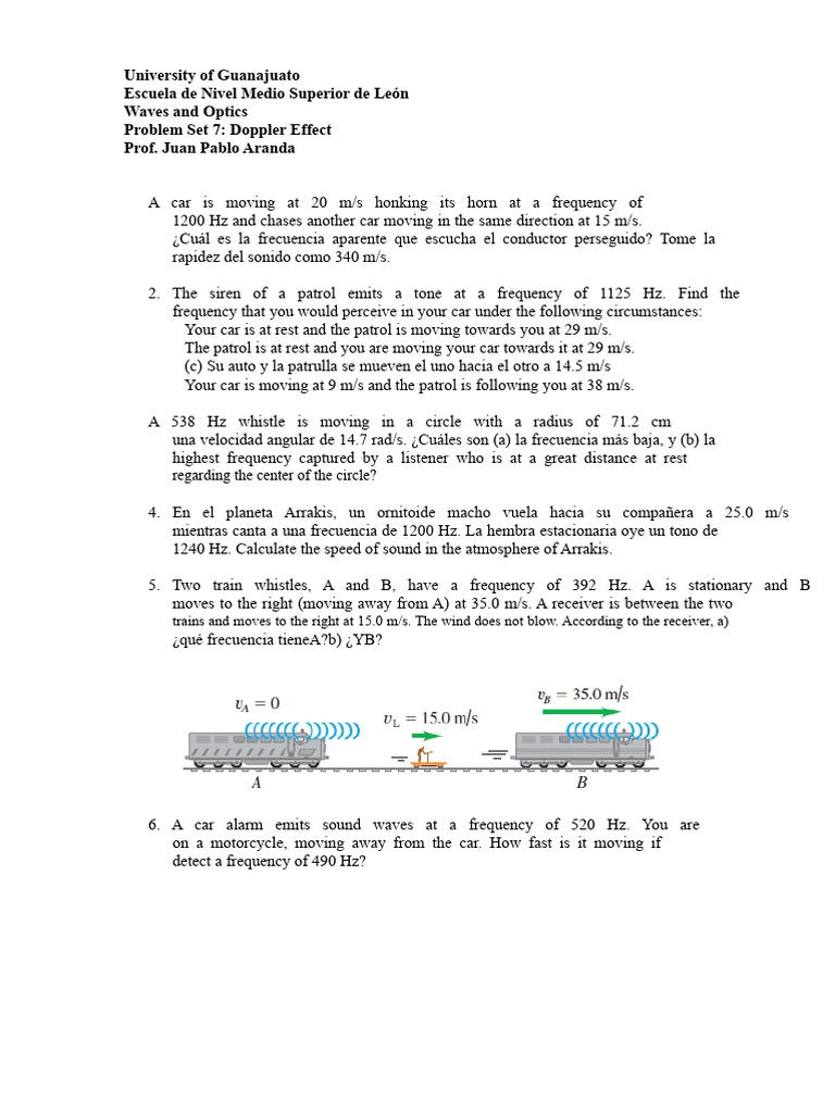Problem Set 7. Doppler Effect | PDF | Doppler Effect | Frequency