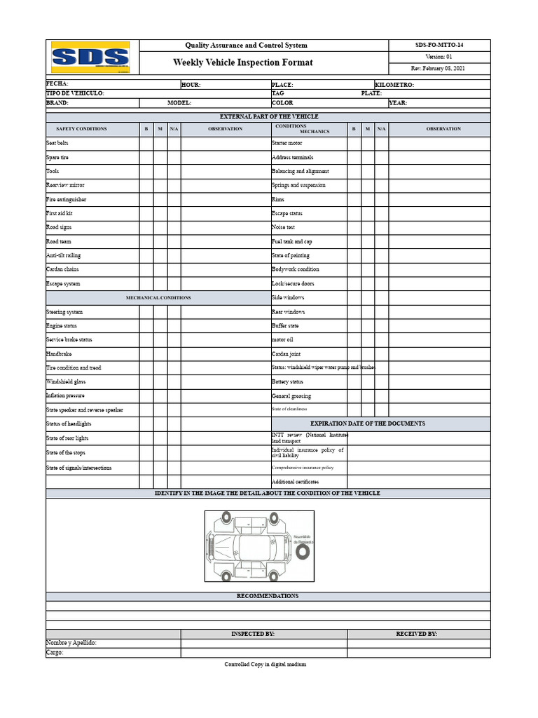 Weekly Vehicle Inspection Checklist | PDF | Vehicles | Tire