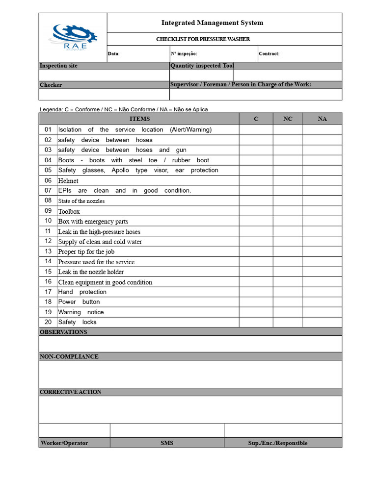 Pressure Washer Check List Form | PDF