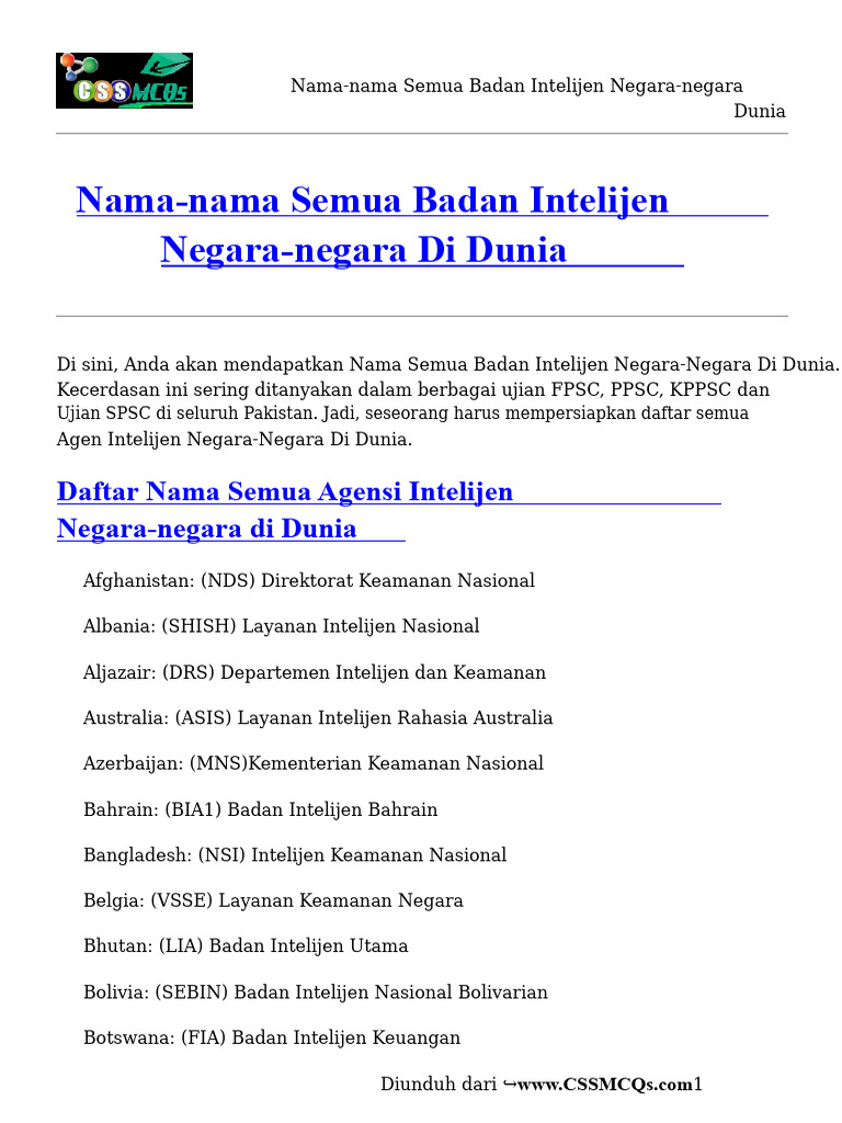 Daftar Badan Intelijen Dunia | PDF