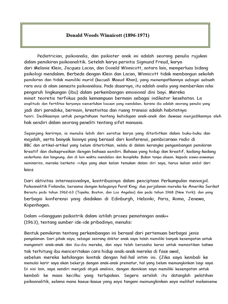 Donald Woods Winnicott: Konsep-Konsep Teoritis Utamanya | PDF