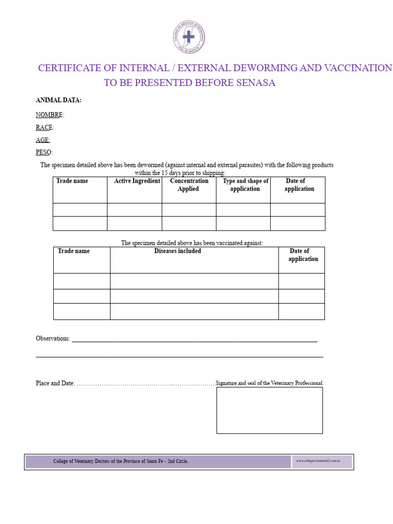 Certificate of Internal and External Deworming To Be Presented To ...