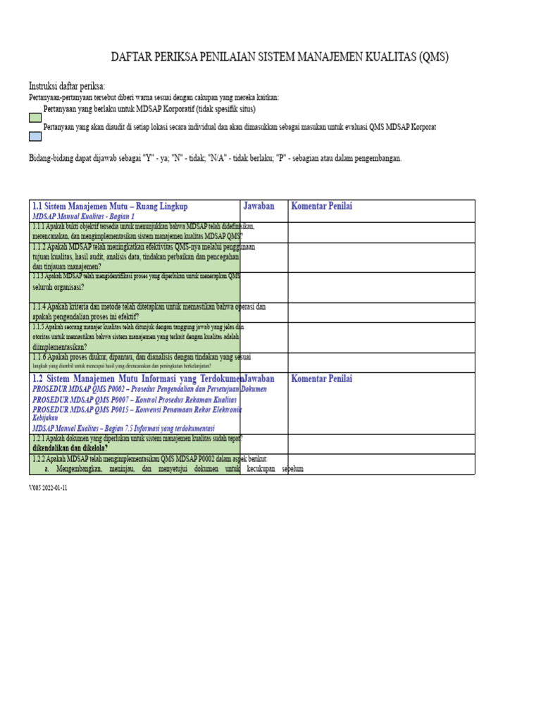 MDSAP-QMS-F0008.2.005-Checklist Penilaian Internal | PDF