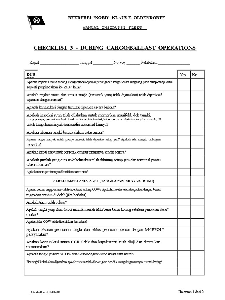 Selama Daftar Periksa Operasi Kargo-Ballast (Tangki) | PDF