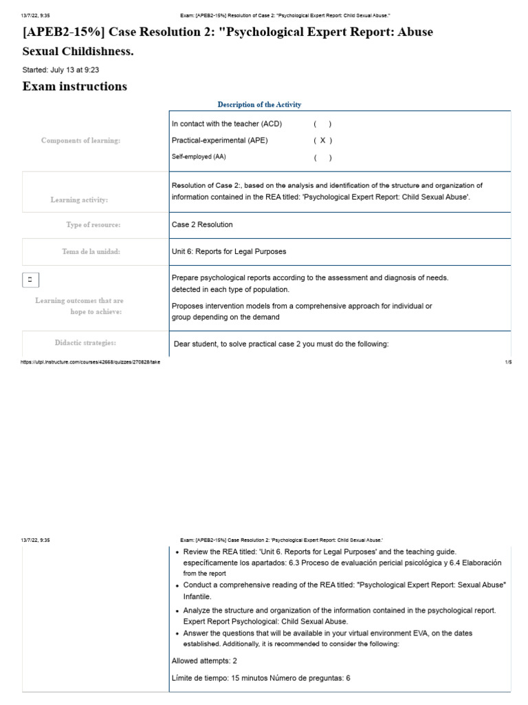 Exam - (APEB2-15%) Case Resolution 2 - "Psychological Expert Report ...