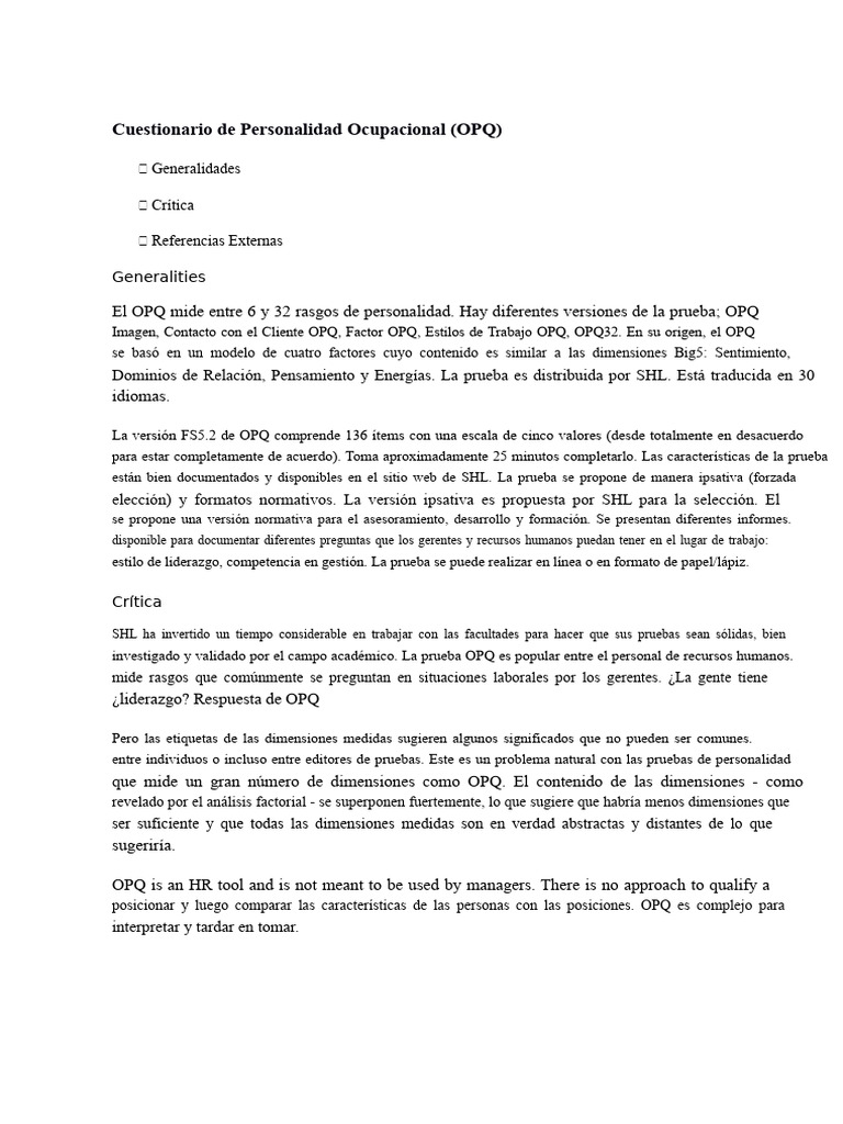 Cuestionario de Personalidad Ocupacional (OPQ) : Generalities | PDF ...