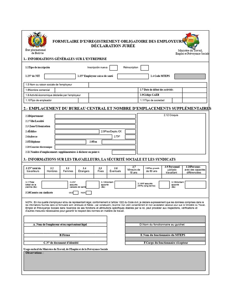 Formulaire d'Enregistrement Employeurs Bolivie | PDF