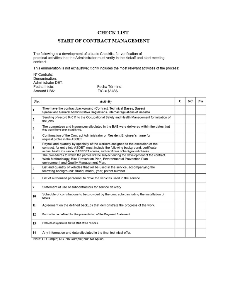 Contract Administration Start Checklist | PDF
