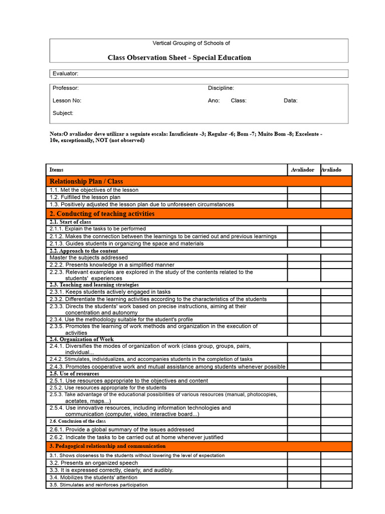 Observation Grid Special Education Class Hill | PDF | Lesson Plan ...