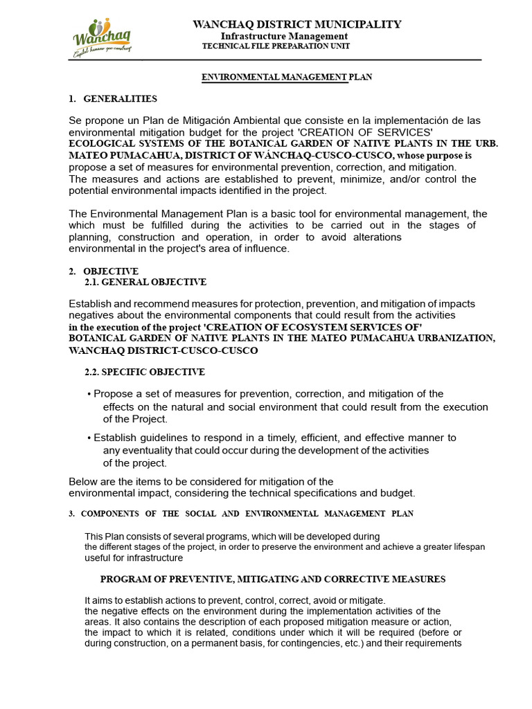 Environmental Management Plan for Wanchaq | PDF | Waste | Particulates