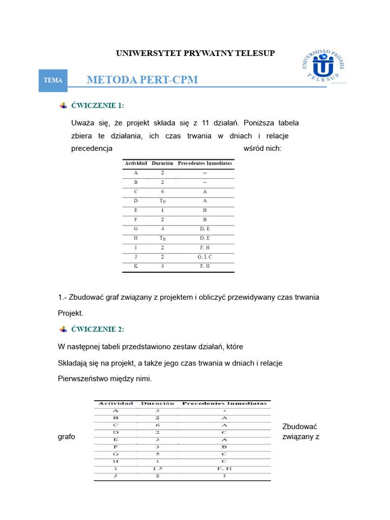 ĆWICZENIA Z PERT-CPM - Simion Villanueva PDF | PDF