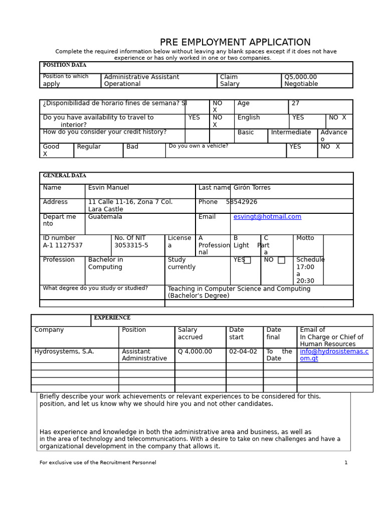 Pre-Employment Application for Admin Role | PDF