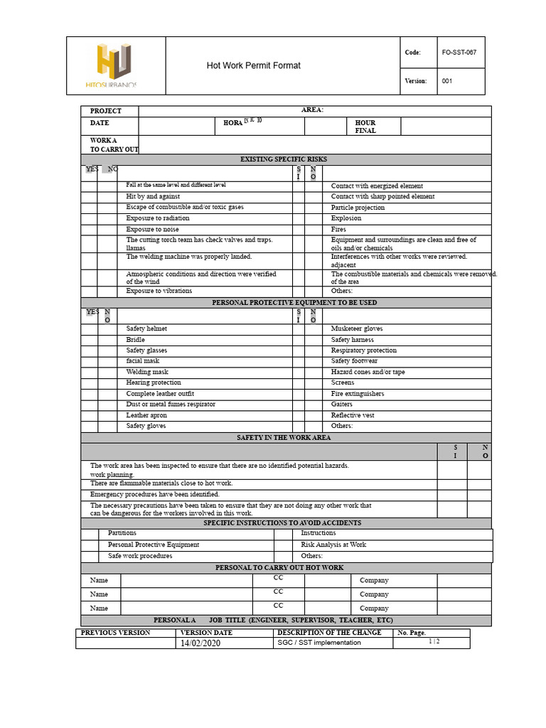 Hot Work Permit Format | PDF | Personal Protective Equipment | Welding