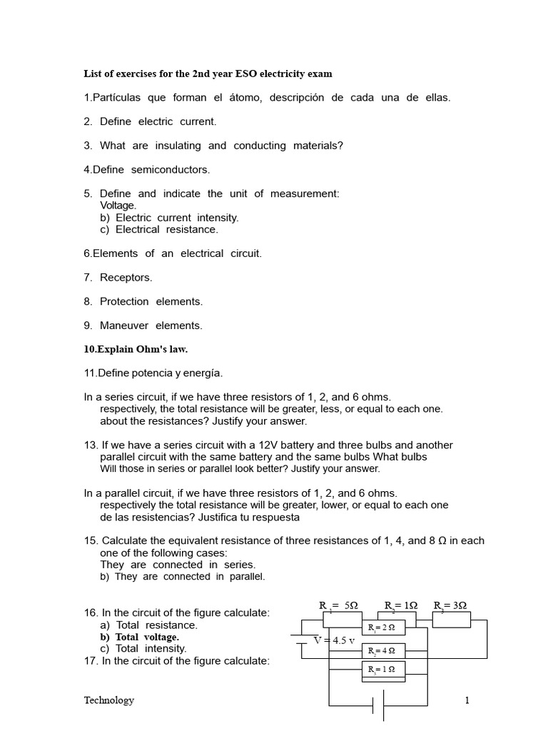 ESO Electricity Exam Exercise Guide | PDF | Series And Parallel ...