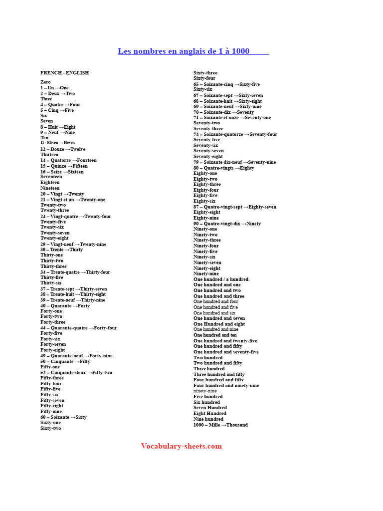 English Numbers 1 to 1000 Translation | PDF