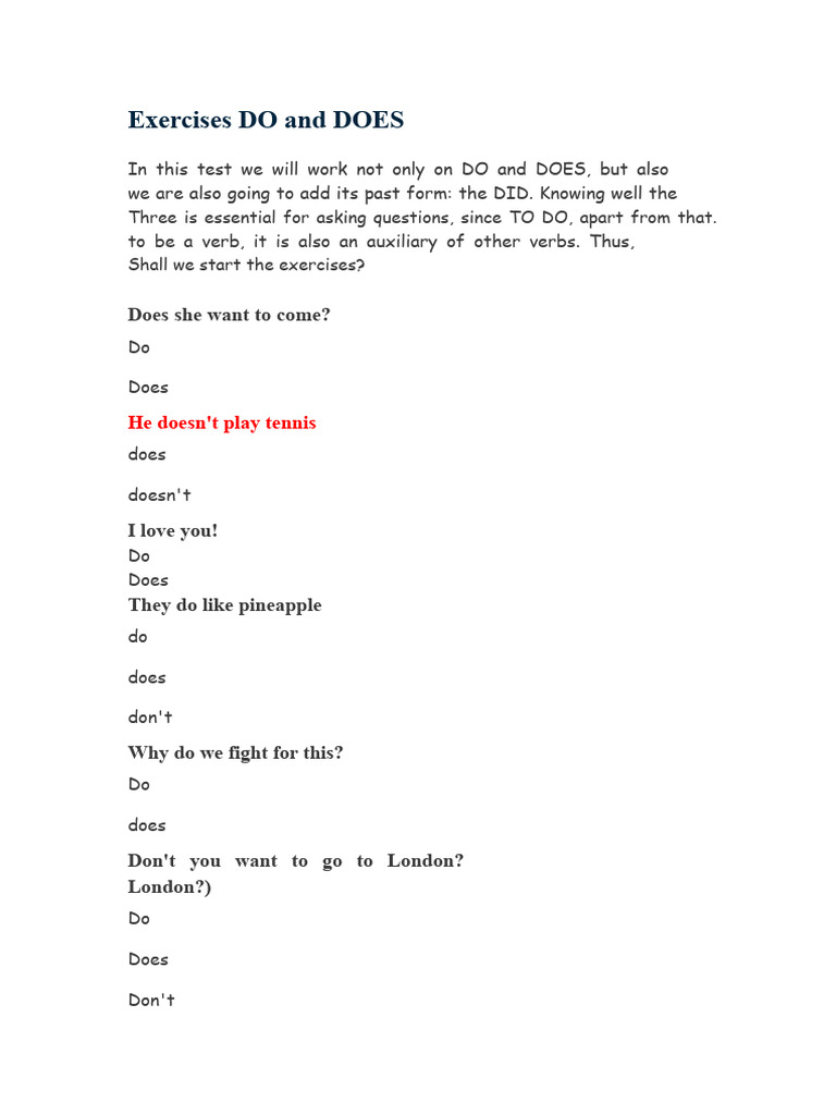 Exercises Do-Does - Grade 7 | PDF