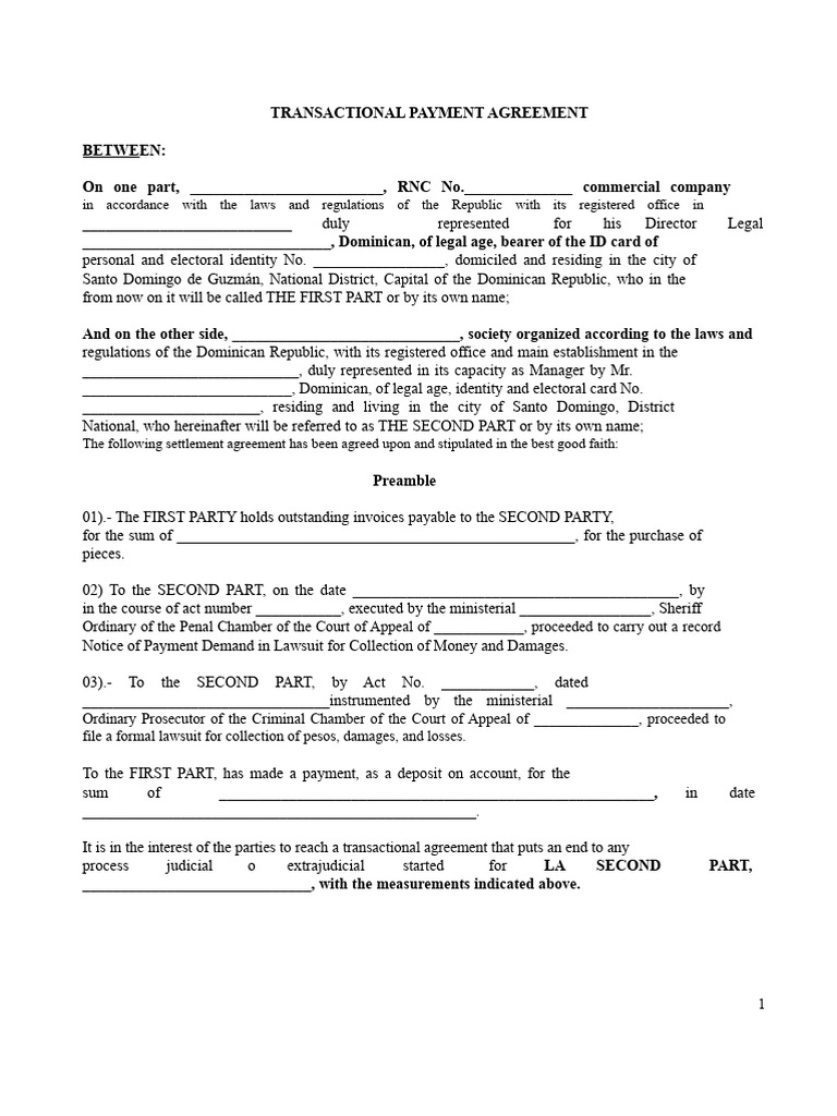 Transactional Payment Agreement | PDF | Lawsuit | Private Law