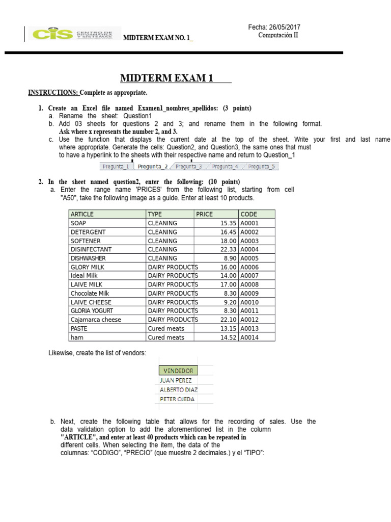 Partial Exam Computer Science II W | PDF | Microsoft Excel | Dairy