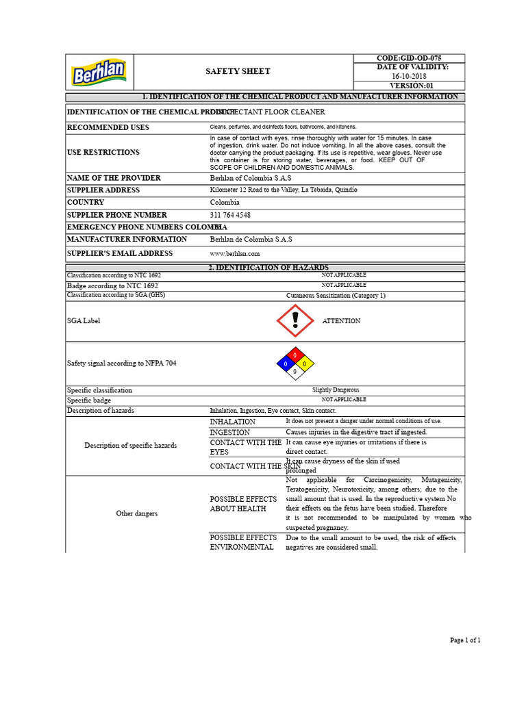 Gid-Od-075 Safety Data Sheet Disinfectant Cleaner | PDF | Disinfectant ...