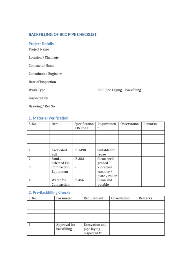 Backfilling of RCC Pipe Checklist | PDF